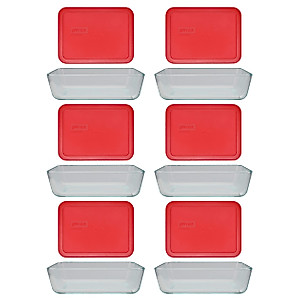 Pyrex (6 7210 3 Cup Glass Dishes & (6) 7210-PC Poppy Red Lids - Made in the USA