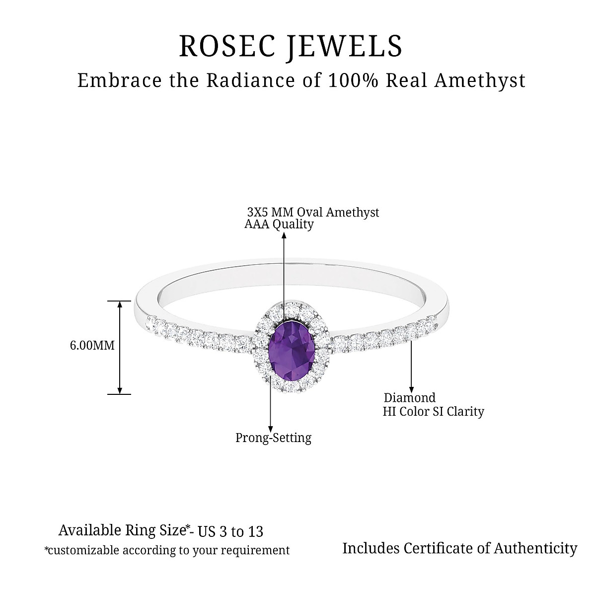 Rosec Jewels Natural Amethyst Minimal Halo Ring| 3X5 MM Oval| AAA Quality| Engagement Ring for Women, 14K White Gold, Size:US 10.00