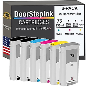 DoorStepInk Remanufactured in The USA Ink Cartridge Replacements for HP 72 130ml Matte Black Photo Black Cyan Magenta Yellow Gray 6Pk for HP DesignJet T1120 T1200 T1300 T770 T620