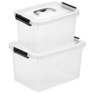 JUJIAJIA Clear Storage Latch Box/Bin, 2-Pack Plastic Organizing Container with Handle and Lids (7 QT/16QT)