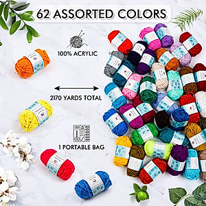 Inscraft 62 Acrylic Yarn Skeins, 2170 Yards Yarn for Knitting and Crochet, Includes 2 Crochet Hooks,2 Weaving Needles,10 Stitch Markers, Perfect Crochet Beginner Kit for for Adults Kids