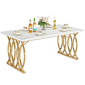 Tribesigns Modern Dining Table for 4-6 People, 63" Large Rectangular Kitchen Table with Faux Marble Tabletop and Gold Geometric Legs, Unique Dinner Table Kitchen & Dining Room Furniture, White & Gold