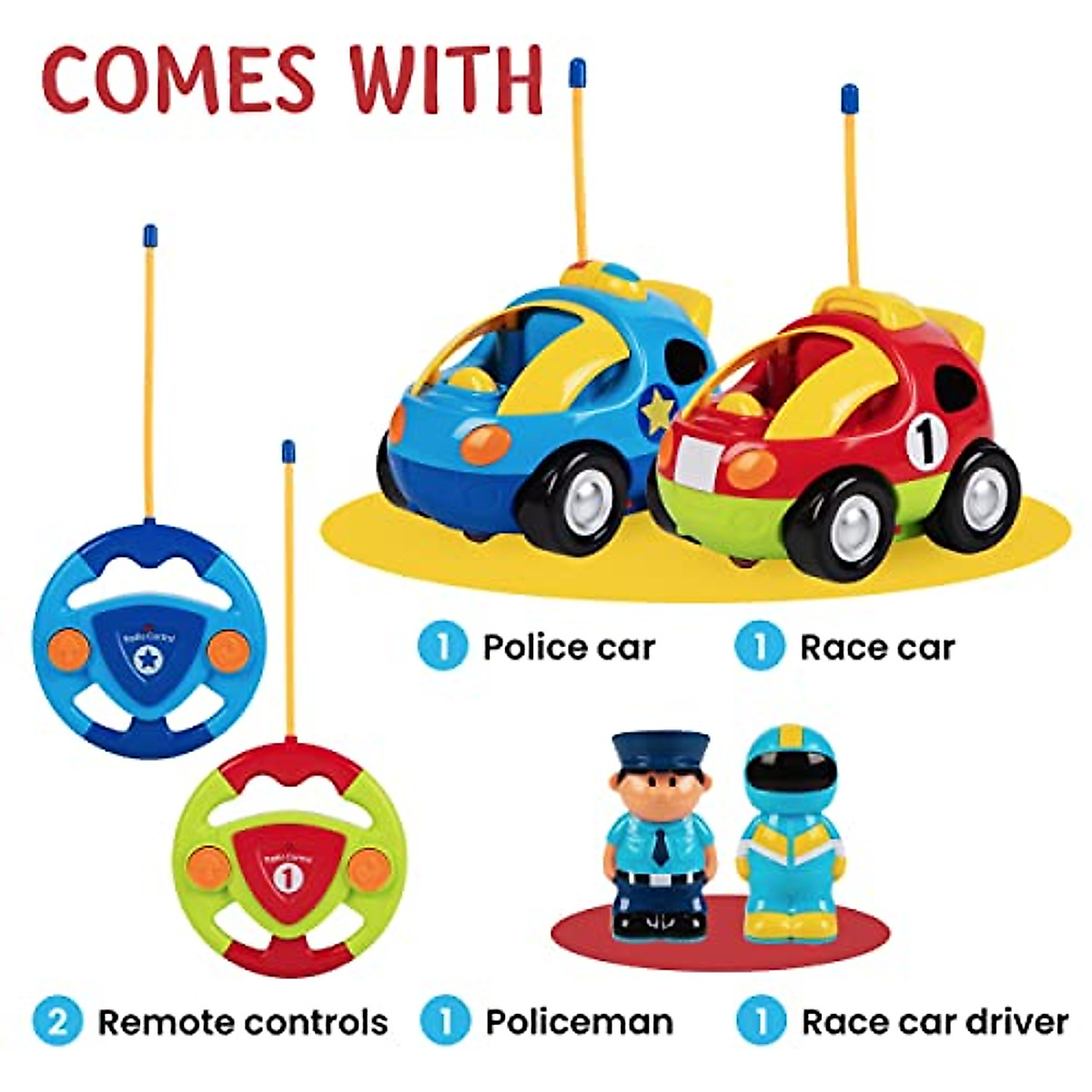 PREXTEX Remote Control Car for Toddlers (2 Pack) - Toys for 2-3+ Year Old Boys & Girls - Two Cartoon RC Cars: Police & Race Car - Toddler Toys for Boys & Girls Birthday Gifts
