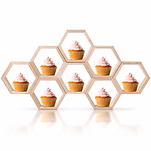 Kigley 8 Pcs Mini Honeycomb Cupcake Stand Wooden Hexagon Cake Display Holder Farmhouse Hexagonal Floating Table Sign for Baby Shower Birthday Party(Burly Wood)
