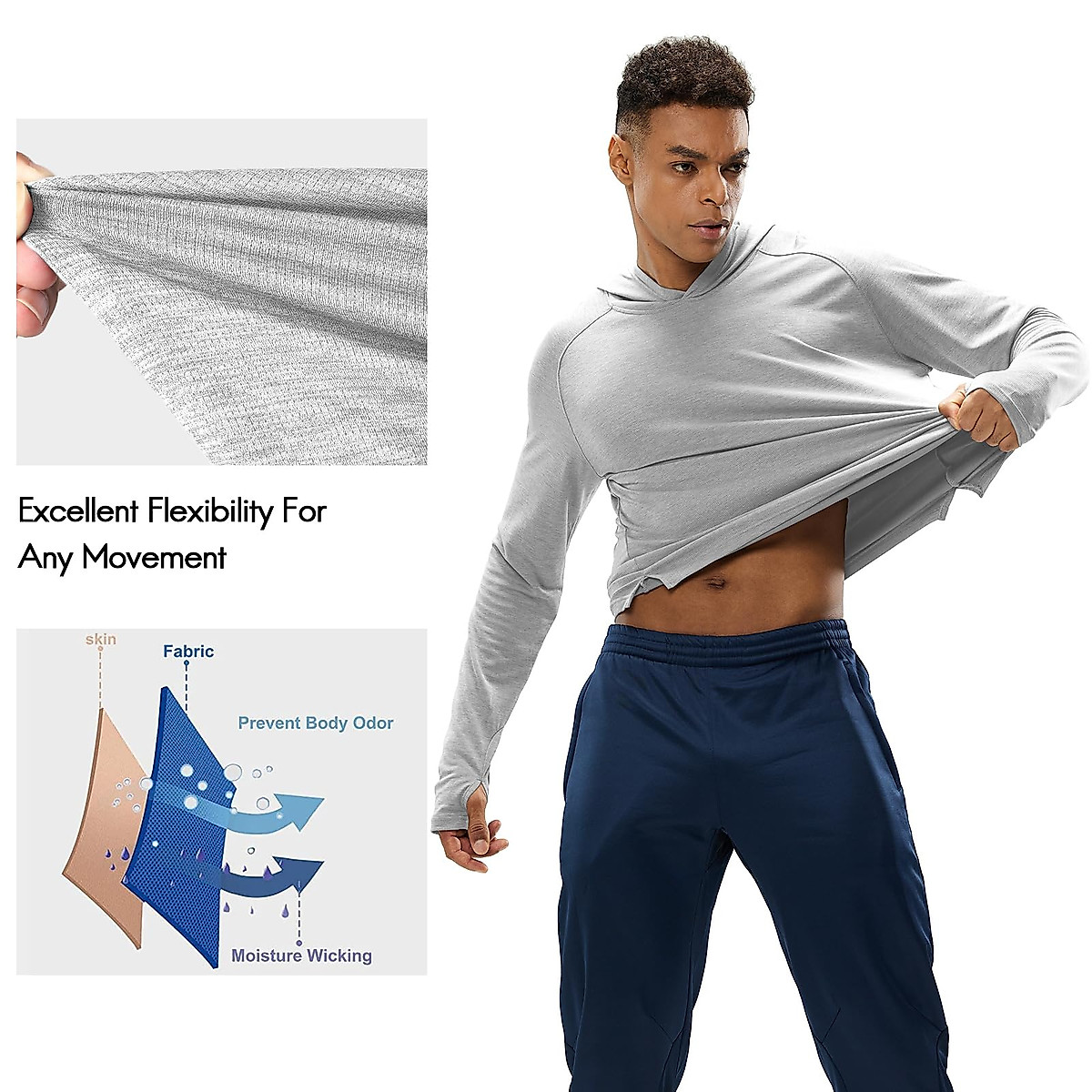 Haimont Men's UPF 50+ Sun Protection Hoodie Shirt Long Sleeve SPF Fishing Outdoor UV Hiking Shirts Lightweight, Light Grey, 3XL