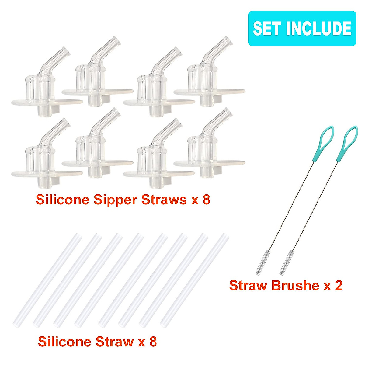 Replacement Straws for Thermos Funtainer 12 Ounce Bottle(F401), 8 Sets(8 pcs Silicone Sipper Straws, 8 pcs Silicone Straw stems and 2pcs Straw Cleaning Brushes)