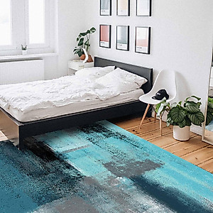 Contemporary Non-Slip Area Rug Turquoise and Grey Abstract Art Painting Teal Printed Rugs Art Carnival Rubber Backing Living Room Floor Mats Rectangle Area Rug Carpet for Indoor 2.7'x5'