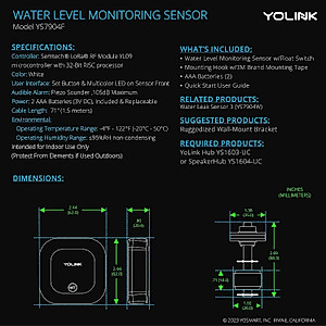 YoLink LoRa Smart Water Level Monitoring Sensor, Wireless Battery-Powered Float Switch Alarm, Sump Pump Alarm, AC Condensate Overflow, Tank Level, Toilet Leak Sensor, 105dB Siren, YoLink Hub Required