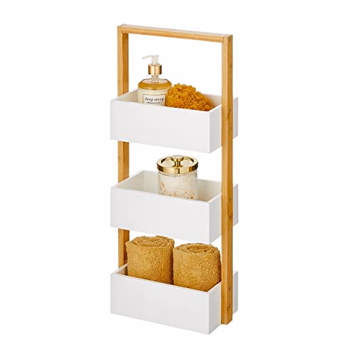 mDesign Free-Standing 3-Tiered Shelf for Bathroom, Wood Bamboo Storage Rack Room Decor Shelves - Decorative Organizer Bins for Bath Towels, Hand Soap, and Toiletries - White/Natural