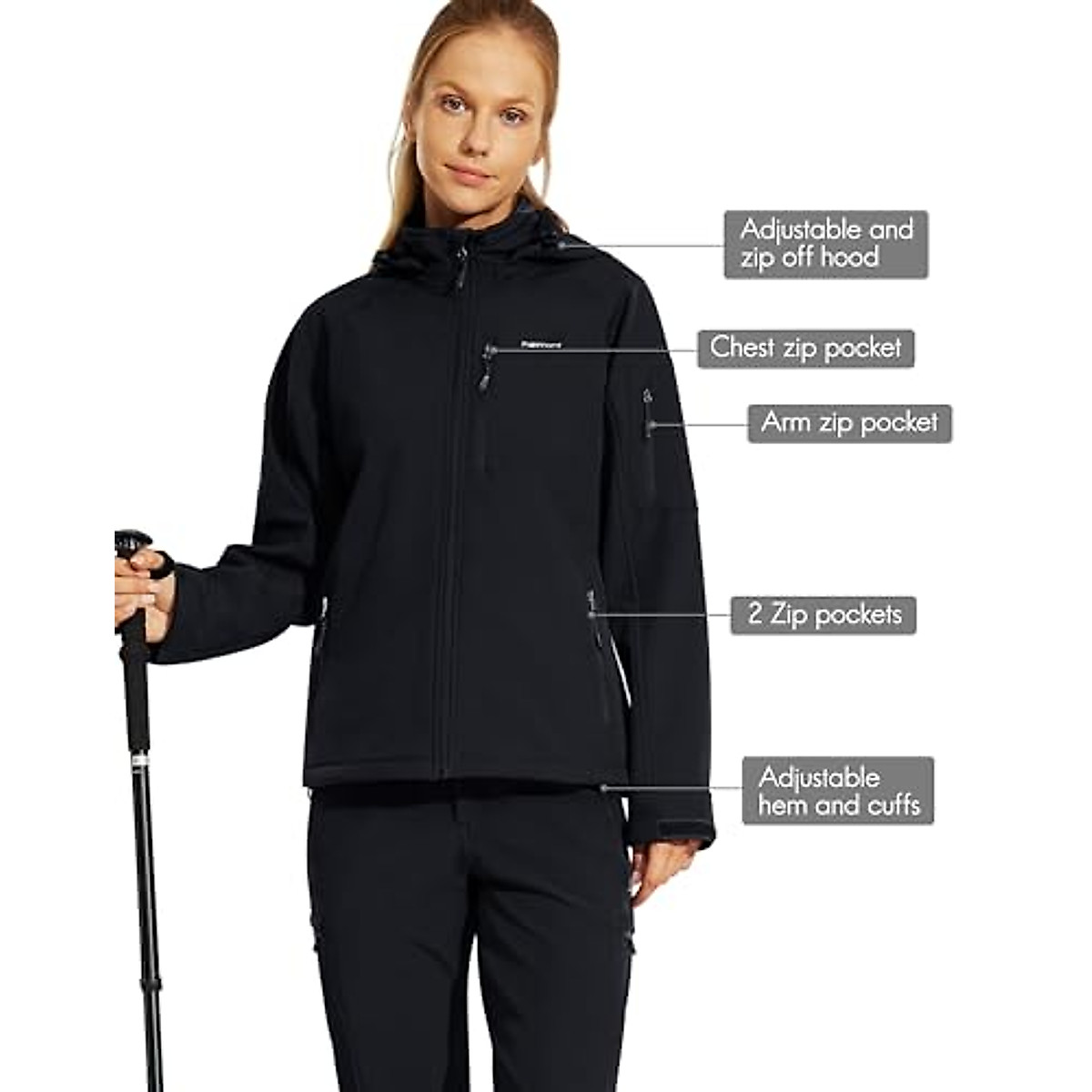 Haimont Women’s Water Resistant Fleece Lined Jackets with Hooded Softshell Windproof Outdoor Skiing Zip Pocket Winter Coat Black XL