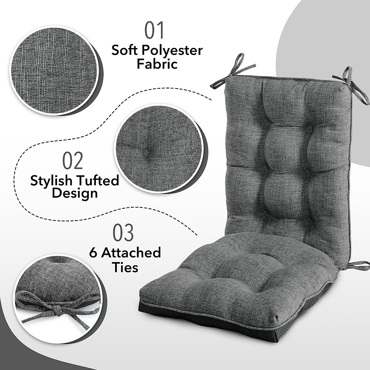downluxe Indoor/Outdoor Rocking Chair Cushion Set, Tufted Comfortable Cushions for Rocking Chairs with Ties and Non-Slip Backing, Seat 17" x 17" x 3"/Back 21" x 17" x 3", Dark Grey, 2 Piece Set