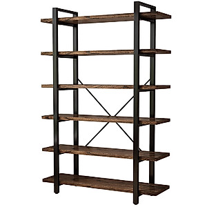 AY-AOYUAN Solid Wood Bookcase and Book Shelves Wood and Metal Shelving Unit 5 Tier Bookshelf Modern Rustic Open Bookshelf Office,Distressed Brown (AY-02-6Tier)