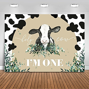 Mocsicka Holy Cow I'm One Backdrop Green Leaves Cow 1st Birthday Party Background Farm Boy Cow First Birthday Party Decorations Banner Photo Studio Props (7x5ft)