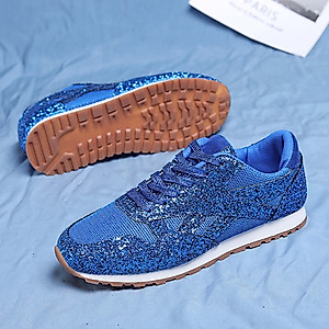 Womens Glitter Sneakers Lace up Girls Sparkly Fashion Sneakers Outdoor Flats Breathable Lightweight Sparkly Metallic Sequins Casual Sparkle Round Toe Flatform Walking Shoes Tennis Shoes Royal Blue 38