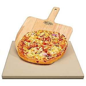 Unicook Pizza Stone and Peel, 16 x 14 Inch Baking Stone for Grill Oven, Thermal Shock Resistant Cooking Stone for Making Crisp Crust Pizza Bread, Includes Wooden Pizza Peel