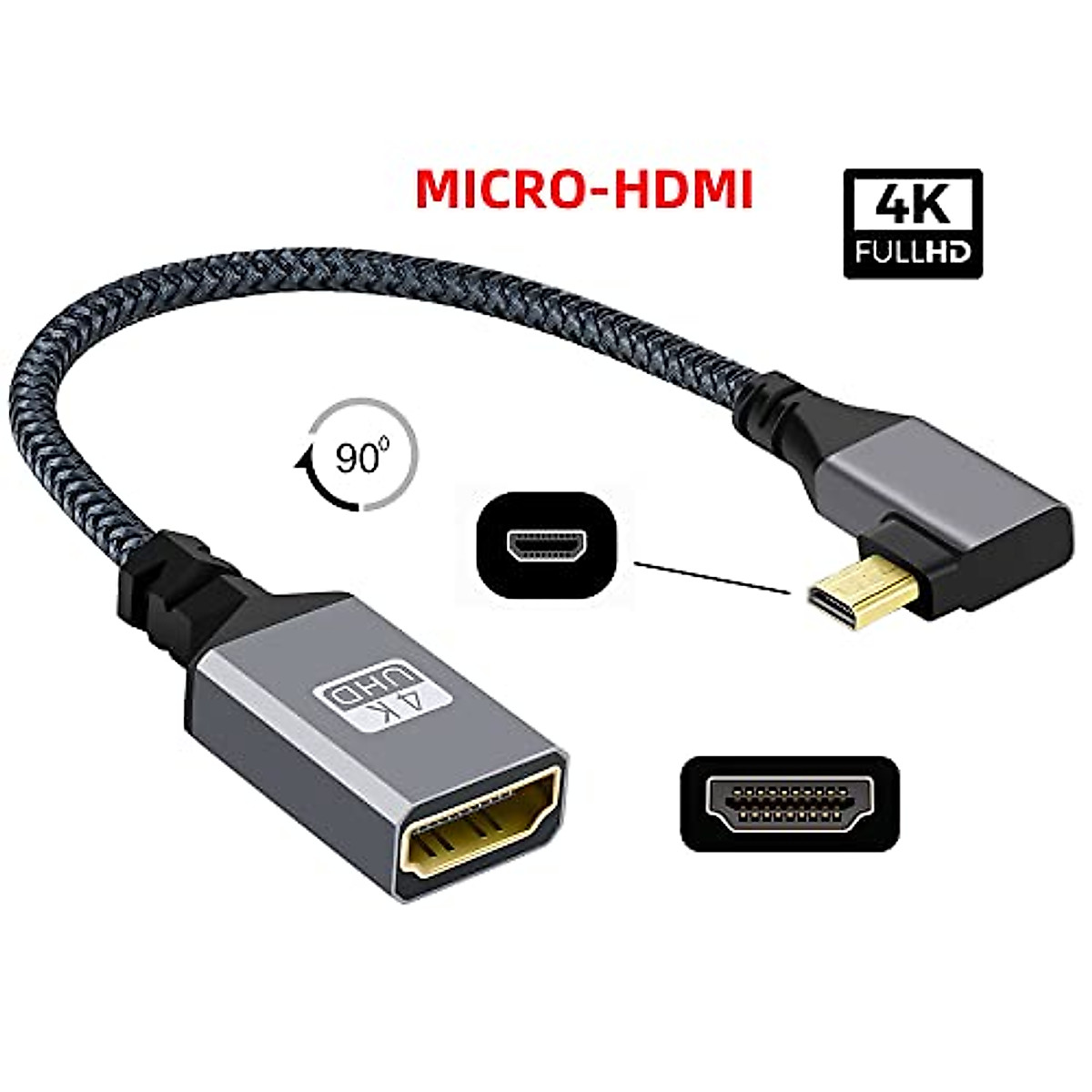 NFHK 4K Type-D Micro HDMI 1.4 Male 90 Degree Left Angled to HDMI Female Extension Cable for DV MP4 Camera DC Laptop