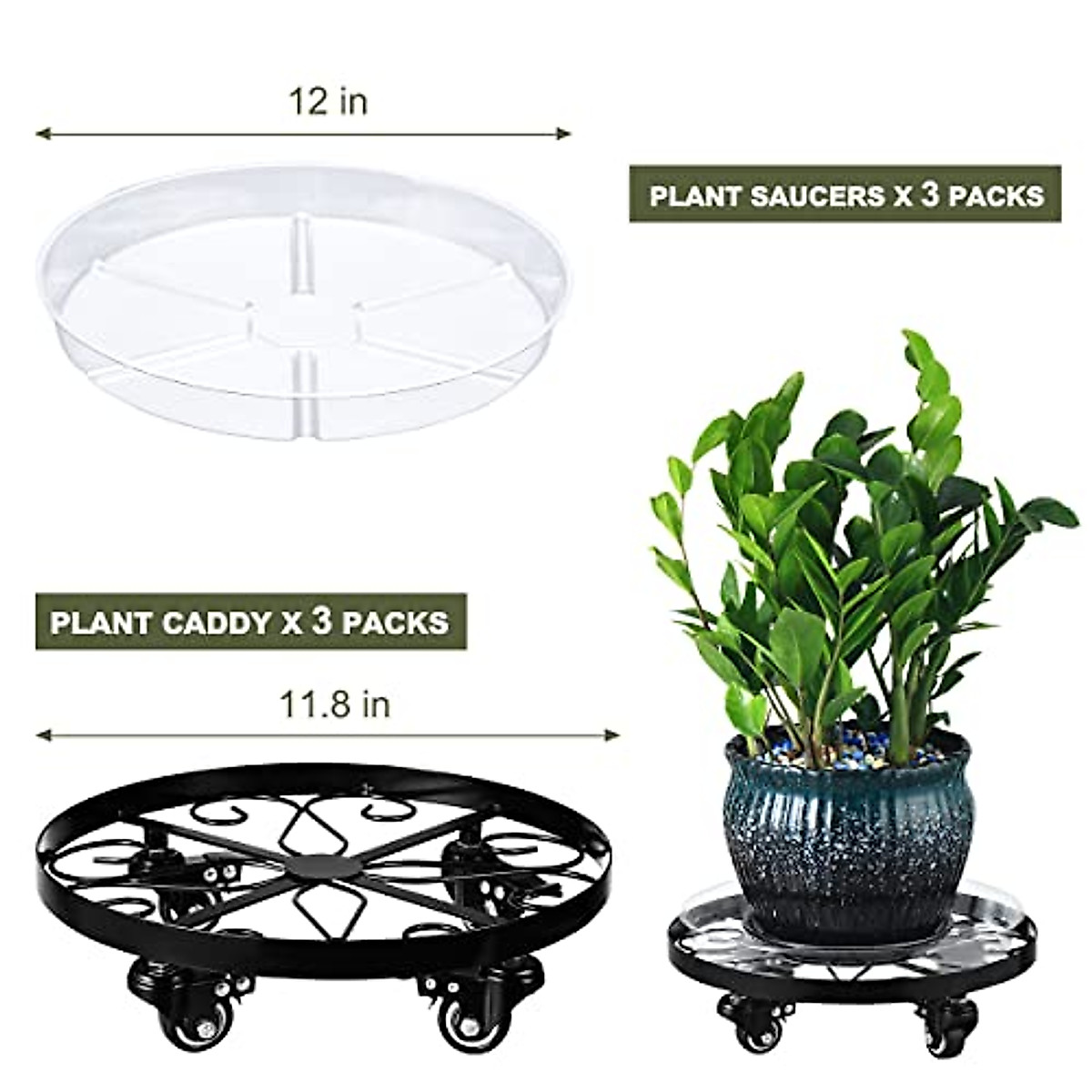 3 Pack Plant Caddy with Wheels Heavy Duty 11.8 Inch Metal Plant Stand with Wheels Plant Dolly Rolling Plant Stand Plant Roller with Casters for Indoor and Outdoor with 3 Pack Plant Saucers, Black