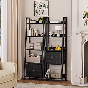 Furologee 5-Tier Ladder Shelf, Narrow Ladder Bookshelf with Drawer, 55.6”Tall Industrial Bookcase Storage Rack Organizer, Freestanding Storage Shelve for Living Room, Home Office, Bedroom, Black Oak