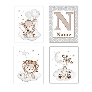 Personalized Baby Boy Nursery Wall Art Safari Animals Elephant Giraffe Lion Decor 4 UNFRAMED PRINTS