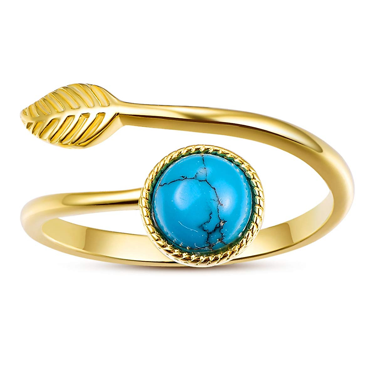 AVECON 14k Gold Plated Turquoise Feather Ring 925 Sterling Silver Adjustable Open Tree Leaf Bands Ring for Women