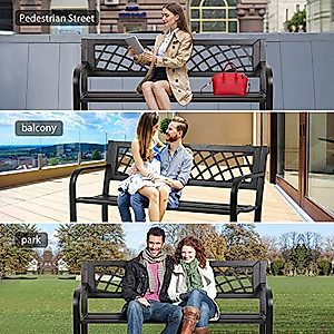 Patio Bench Park Bench Outdoor Bench Garden Bench, Metal Pack Bench with Armrests 480lbs Cast Iron Sturdy Steel Frame Furniture Chair for Porch Entryway Lawn Decor Deck