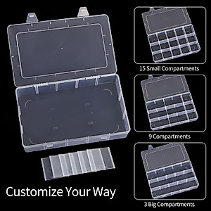 SGHUO 15 Grids Tackle Box Organizer, Large Clear Plastic Organizer Box with Adjustable Dividers for Beads, Art DIY, Crafts, Jewelry, Fishing Tackle with Label Stickers