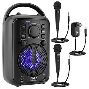 Pyle 4” Wireless BT Streaming Speaker - Portable Audio Speaker, with Two Microphones and Stand to Put Mobile Phone, 5.0 Bluetooth, Big Bass & Clear Sound, MP3, Classic Karaoke SystemP