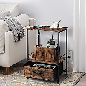 Nightstands for Bedrooms Set of 2 Night Stand with Charging Station End Side Table with Power Outlets for Living Room End Table with Drawer Storage Small Bedside Tables for Small Spaces, Rustic Brown