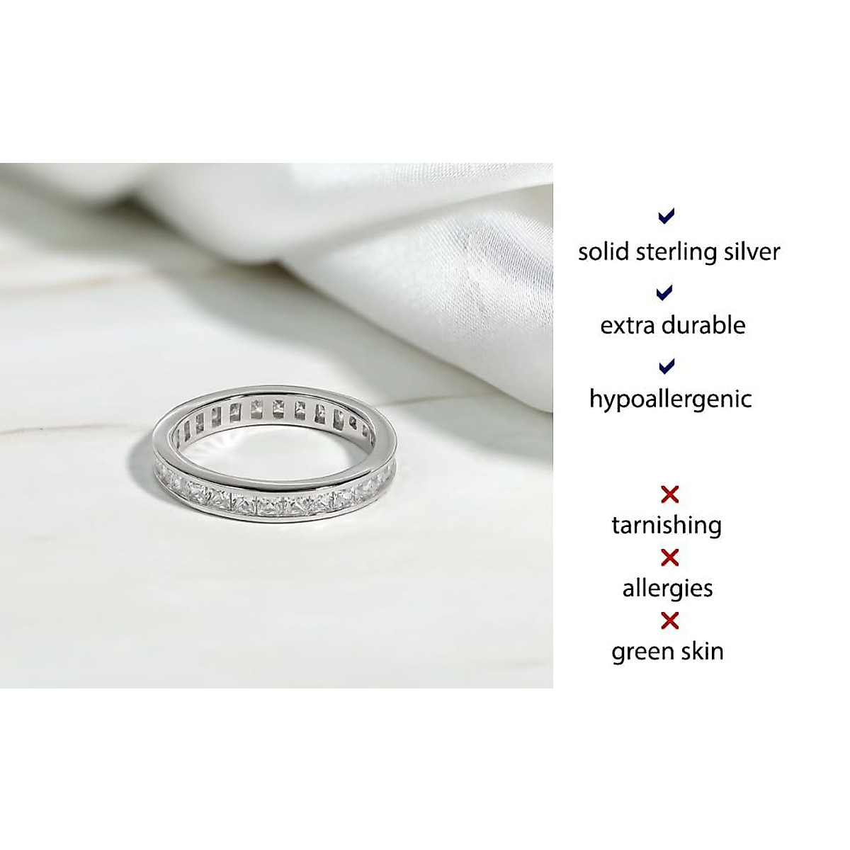 Hoops & Loops 925 Sterling Silver 2mm Princess-Cut Cubic Zirconia Channel Set Eternity Band Ring for Women Teen Girls, Size 7