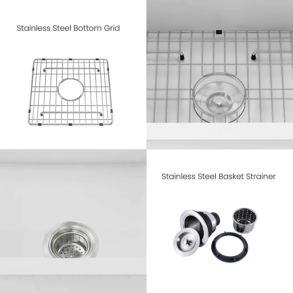 KIBI K2-S18SQ Single Bowl Heat Safe Glazing Fireclay Undermount Kitchen Sink 18 inch with Bottom Grid and Strainer (Cubic series) (White)