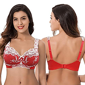 Curve Muse Women's Plus Size Minimizer Unlined Wireless Lace Full Coverage Bras-2Pack-Black,Red-44D