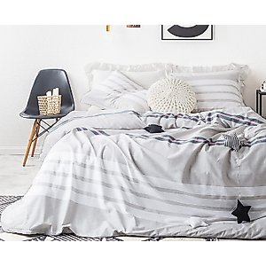 SUSYBAO Pink Striped Duvet Cover King 100% Cotton Gray White Striped Duvet Cover 3 Pieces Set 1 Farmhouse Horizontal Stripe Duvet Cover with Zipper Ties 2 Pillowcases Soft Grey Geometric Bedding