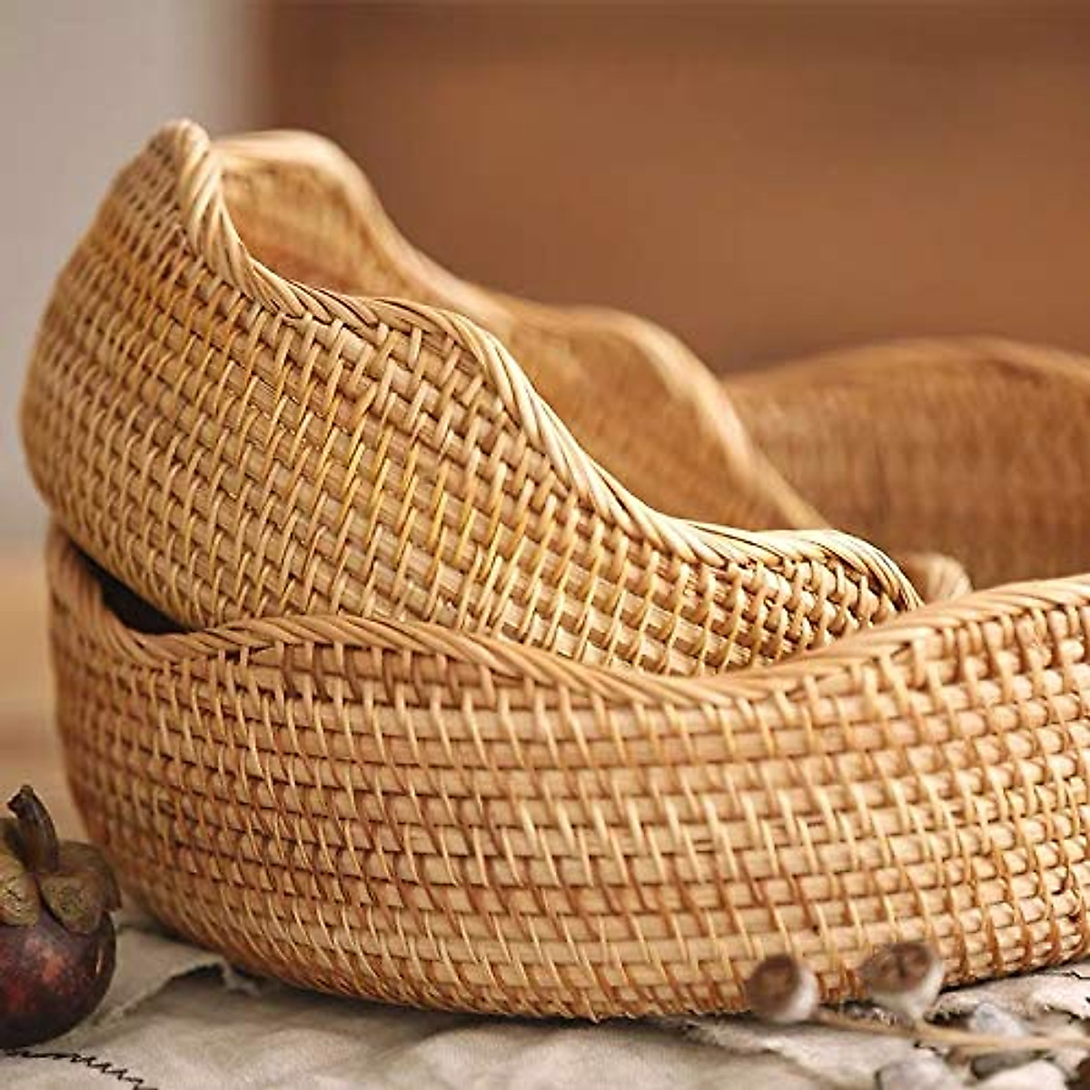 Rattan Round Fruit Baskets, Wicker Storage Bowls, Natural Woven Serving Basket Bowls, Decorative Baskets for Kitchen Counter Organizing, set of 3