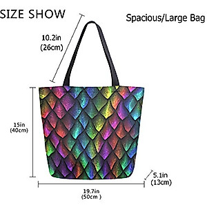 ZzWwR 3d Trendy Colored Dragon Scale Print Extra Large Canvas Shoulder Tote Top Handle Bag for Gym Beach Travel Shopping
