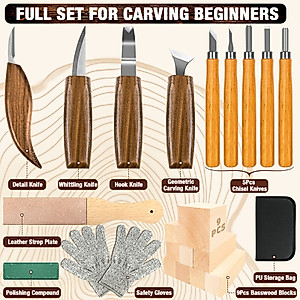 Wood Carving Kit, 23pcs Wood Carving Tool with 4PCS Wood Carving Knives & 5PCS Detail Knives 9 Basswood Blocks & Gloves & Roll Bag & Strop Block & Polishing Compound Whittling Kit Hobbies for Adults