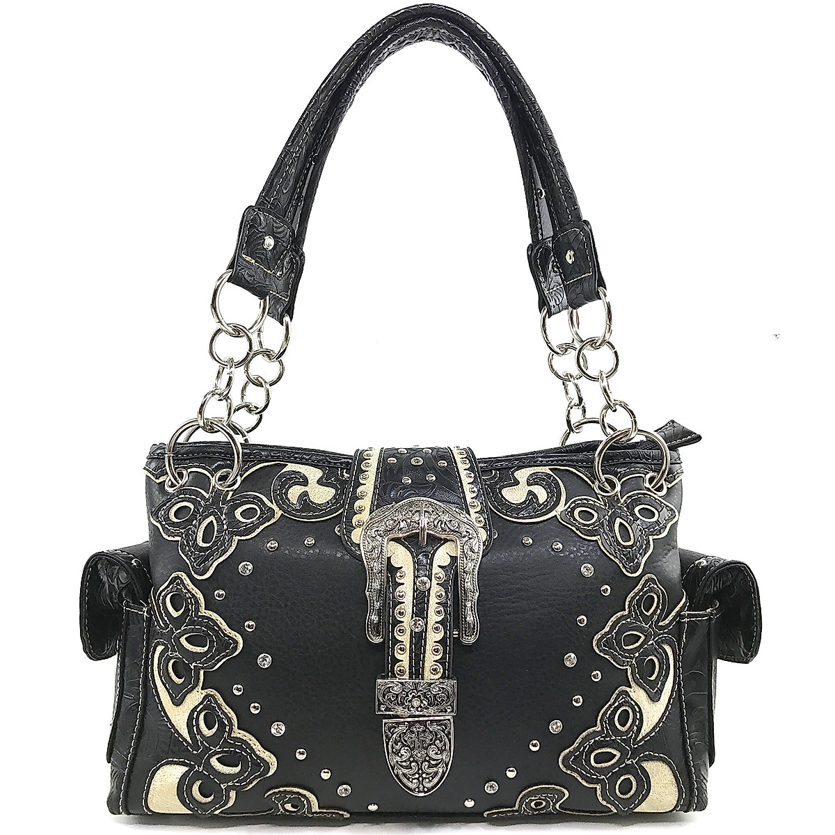 Justin West Western Purse Tooled Laser Cut Floral Design Studs Rhinestone Buckle Concealed Carry Handbag With Trifold Wristlet Cross Body Strap Wallet Set (Black White)