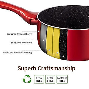 N++A Saucepan with Lid 2 quart, Nonstick Sauce Pans for All Stoves, 100% Non-toxic Small Pot, Red Saucier, Dishwasher Safe, Induction