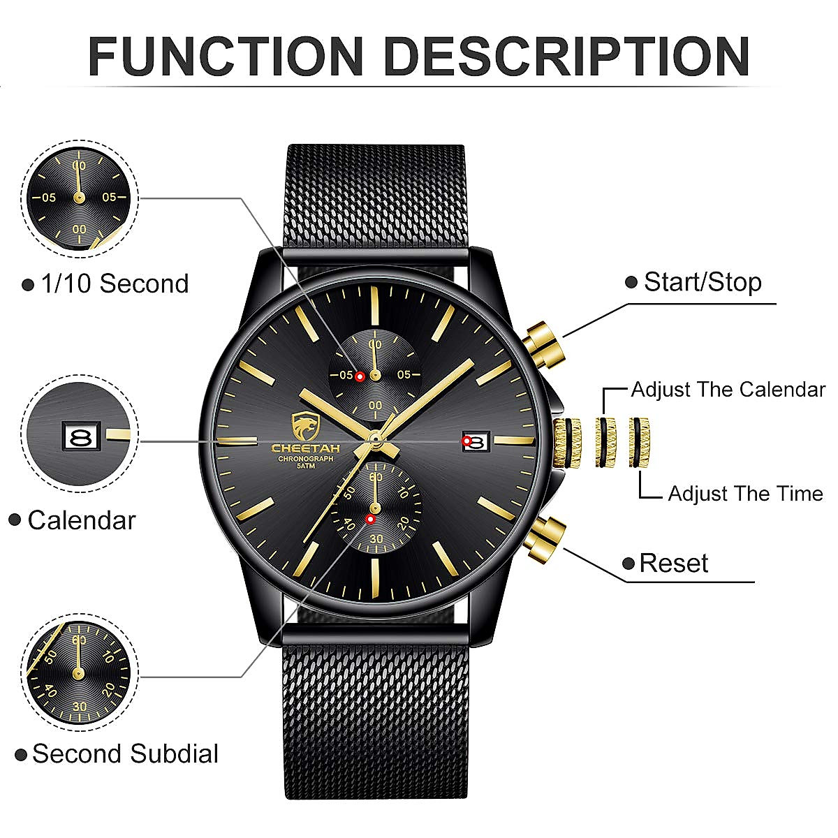 GOLDEN HOUR Men’s Watch Fashion Sport Quartz Analog Mesh Stainless Steel Waterproof Chronograph Watches, Auto Date in Gold Hands, Color: Black