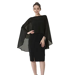 Baoqiya Chiffon Capes Sheer Capelets Bridal Shawls And Wraps Cape Long Plus Size Poncho Cape For Women (Black)