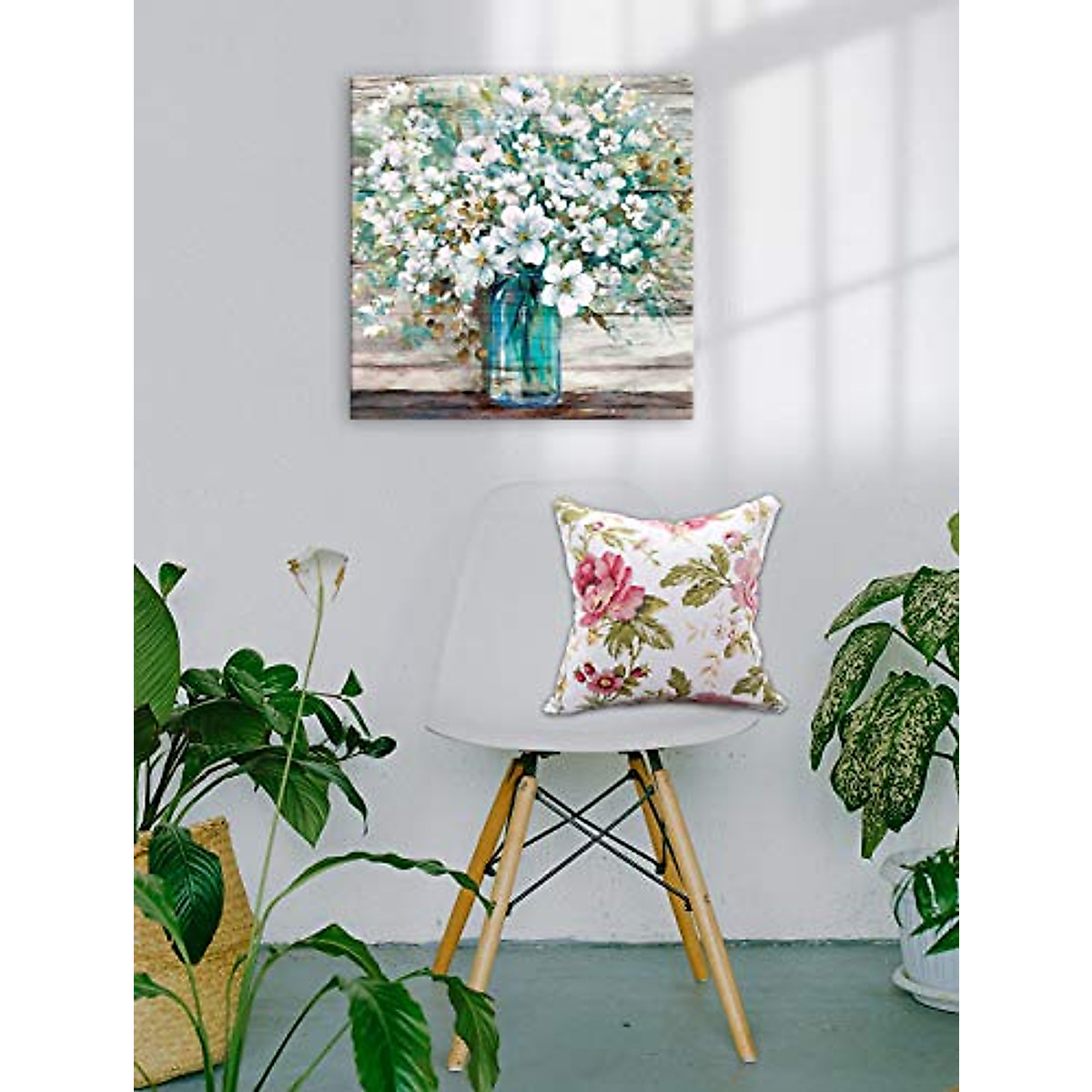 3LDECOR Country Style Canvas Wall Art Teal Blue Mason Bottle White Flower Rustic Wall Decor Art Hanging in The Bedroom Bathroom Living Room Dining Room Office Fireplace Kitchen Murals Decor