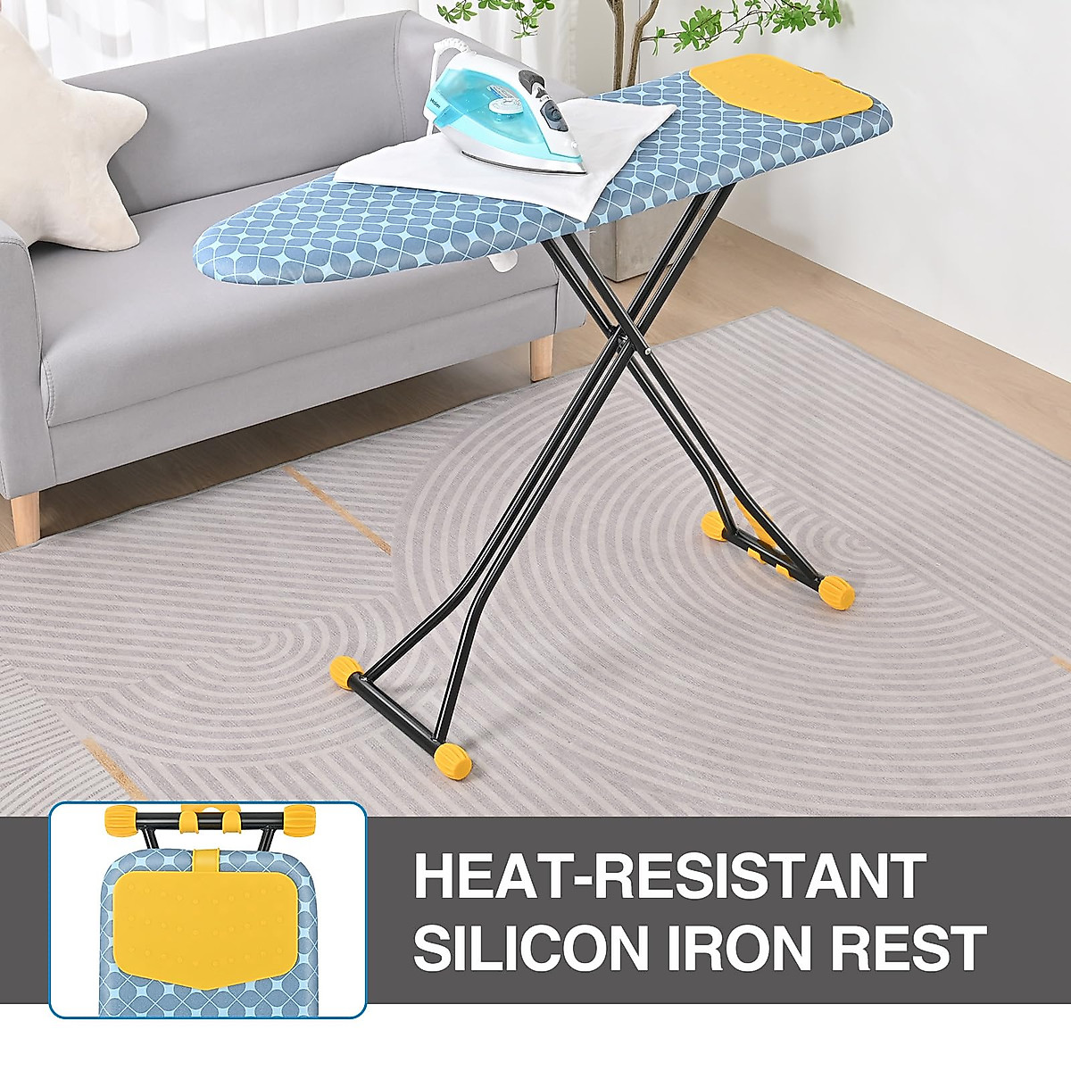 APEXCHASER Ironing Board with Iron Rest, Compact and Space Saver Iron Board, Extra Thick Cover, Height Adjustable, Wall Mount & Closet Hanger 13x43 Yellow