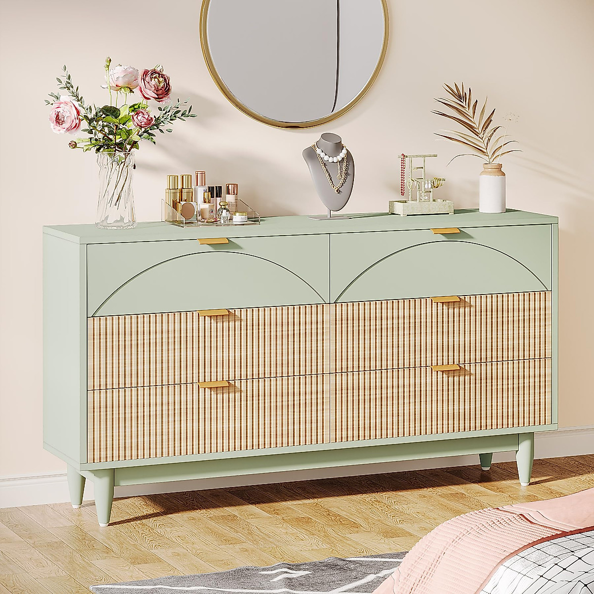 Tribesigns 6-Drawer Dresser for Bedroom: 55 Inches Modern Chest of Drawers with Gold Metal Handles, Green Long Double Dresser Organizer Wood Cabinet for Bedroom, Closet, Living Room