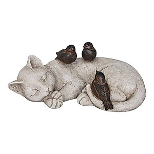Comfy Hour 5" Polyresin Garden Accent Decorative Sparrows On Cat Figurine, Statue Stone Looking, White, Black, Pet in Loving Memory Collection