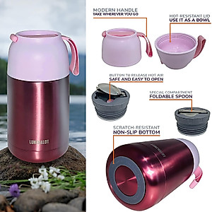 LUNCHALOT Insulated Food Jar for Hot Food in a Bag - 15 & 21 Oz Soup Lunch Box Container for Adults Vacuum Stainless Steel Jar & Foldable Spoons - Pink Wide Mouth Flask for Work Travel