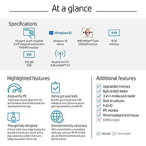 HP 24-inch All-in-One Touchscreen Desktop Computer, AMD Athlon Gold 3150U Processor, 8 GB RAM, 512 GB SSD, Windows 10 Home (24-df0040, White), Snow White