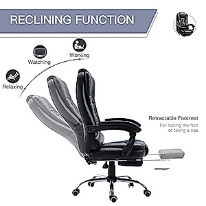 HOMCOM High Back Ergonomic Executive Office Chair, PU Leather Computer Chair with Retractable Footrest, Lumbar Support, Padded Headrest and Armrest, Black