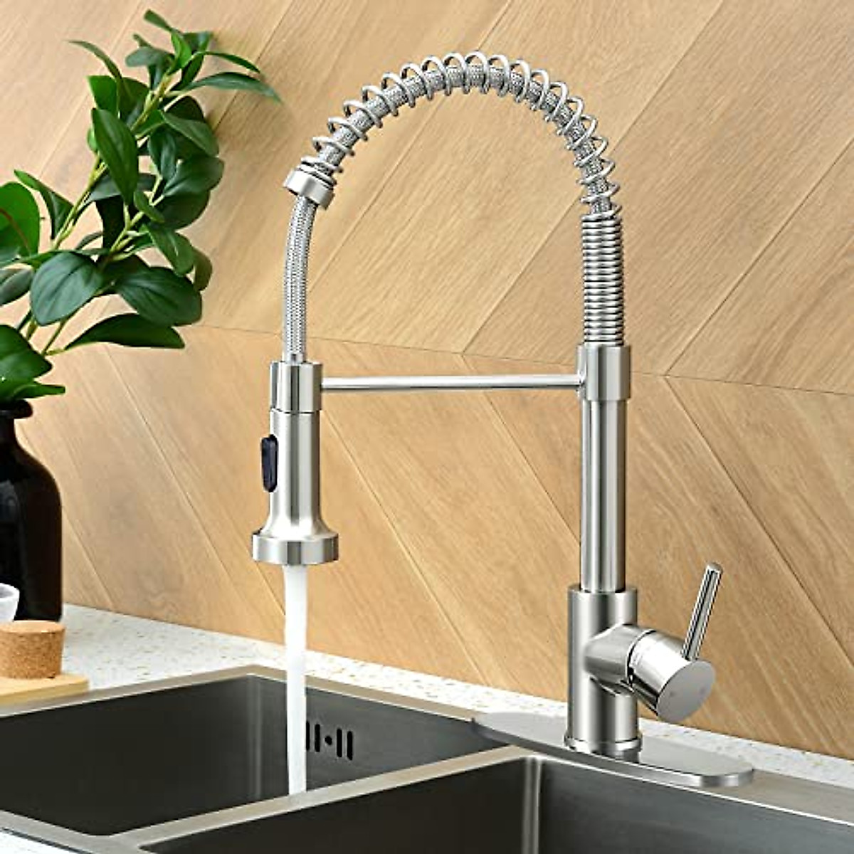 HGN Kitchen Faucet with Pull Down Sprayer,Commercial Single Handle Kitchen Sink Faucets for Farmhouse Camper Laundry Utility Rv Wet Bar Sinks Brushed Nickel
