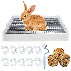 Vehomy Rabbit Guinea Pig Litter Box Small Pet Litter Pan Toilet Potty for Bunny Ferret Hamster Rabbit Toilet with 10pcs Disposable Pet Litter Tray Bags 3pcs Rabbit Coir Chewing Toys and a Brush