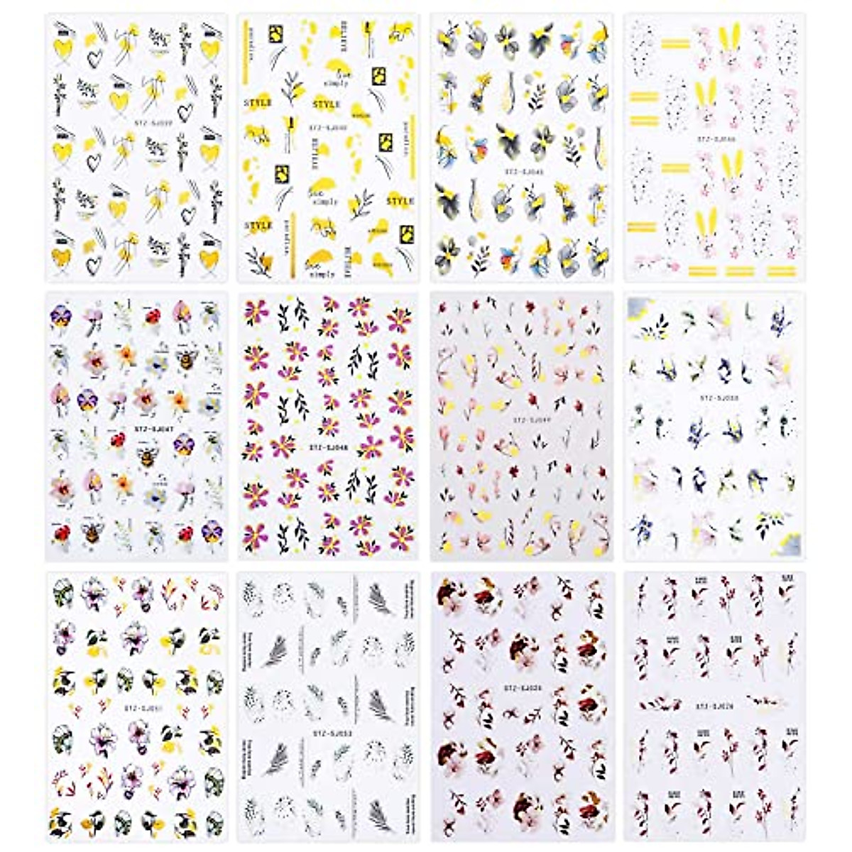 JMEOWIO 12 Sheets Spring Flower Nail Art Stickers Decals Self-Adhesive Pegatinas Uñas Leaves Pink Nail Supplies Nail Art Design Decoration Accessories