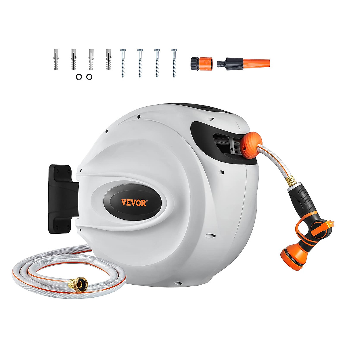 VEVOR Retractable Hose Reel, 65 ft x 5/8 inch, 180° Swivel Bracket Wall-Mounted, Garden Water Hose Reel with 9-Pattern Nozzle, Automatic Rewind, Lock at Any Length, and Slow Return System
